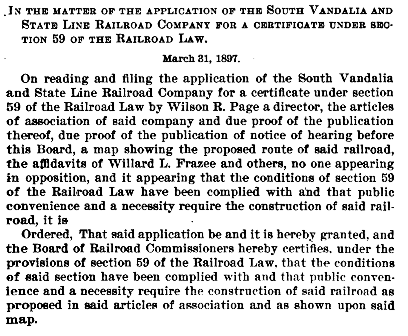 South Vandalia and State Line Railroad Charter – New York Railroad Archive